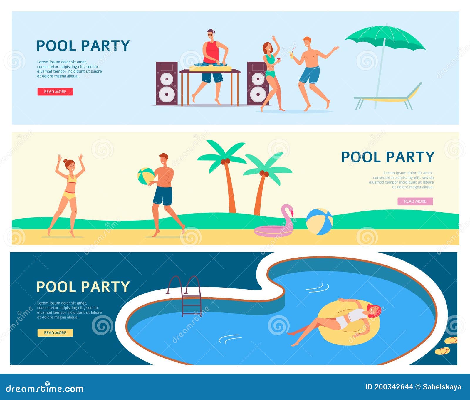 Pool Party Horizontal Banners or Flyers Set, Flat Vector Illustration ...