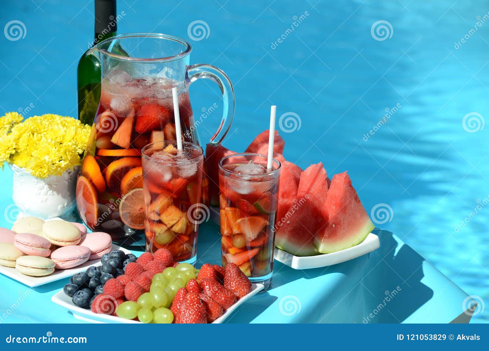 Pool Party With Sangria And Cold Alcoholic Cocktails By The Swimming