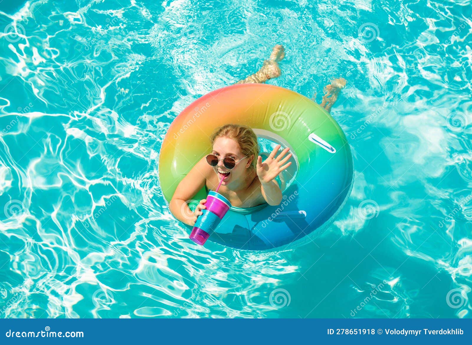 Pool Resort Enjoying Vacation Woman In Swimsuit On Inflatable Circle