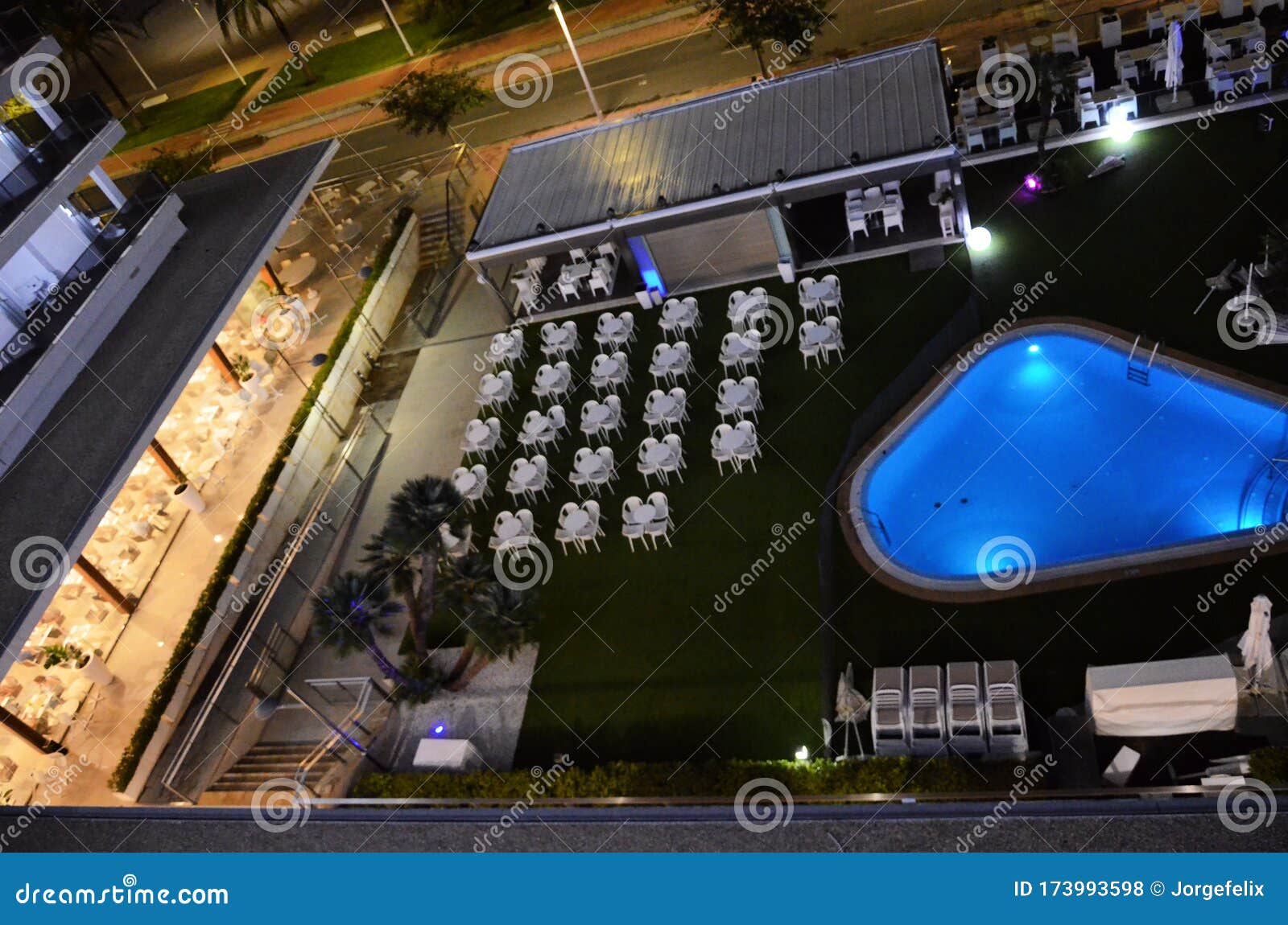 Pool and Restaurant of an Hotel at Night Stock Photo - Image of aerial ...