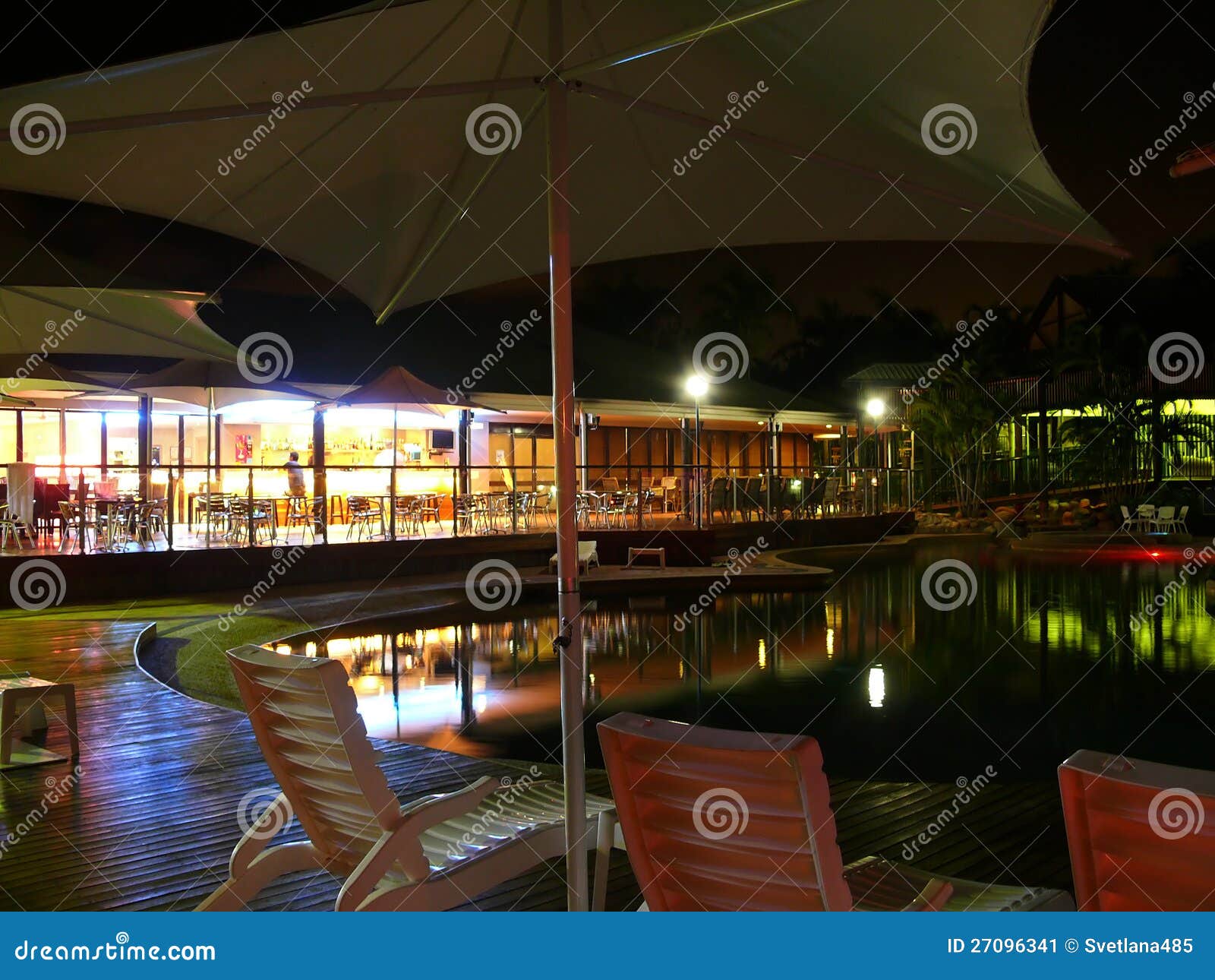 Pool and Restaurant in Night. Stock Image - Image of fairytale ...