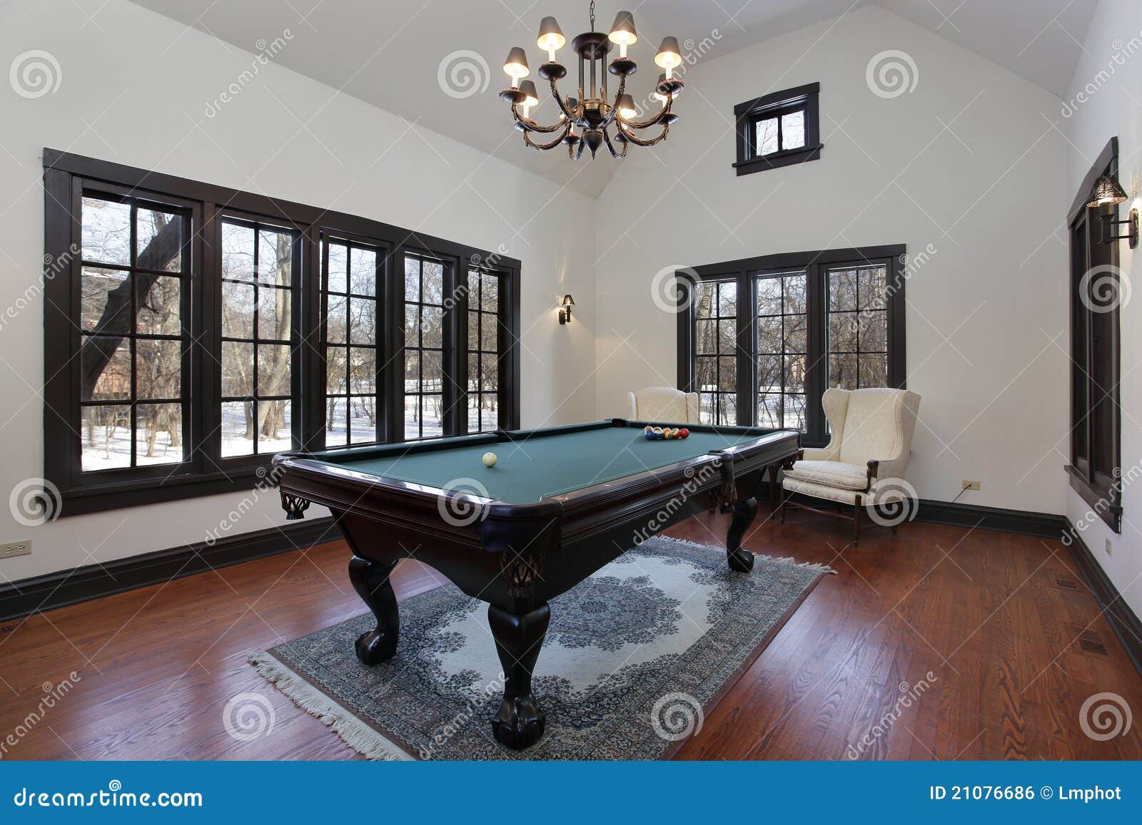 Pool Room with Wall of Windows Stock Photo - Image of decor, billiard ...