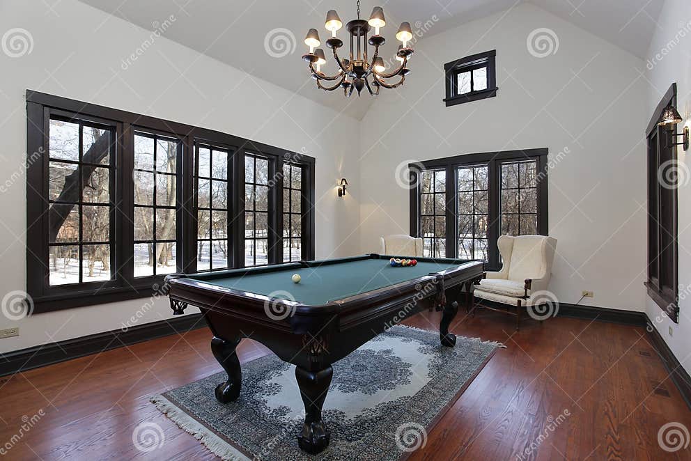 Pool Room with Wall of Windows Stock Photo - Image of decor, billiard ...
