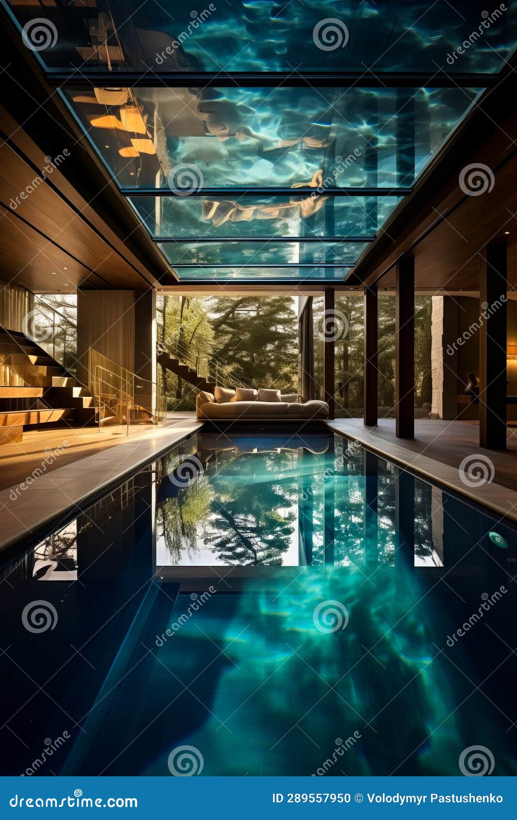 Pool with Skylight Above it and Couch. Generative AI Stock Photo ...