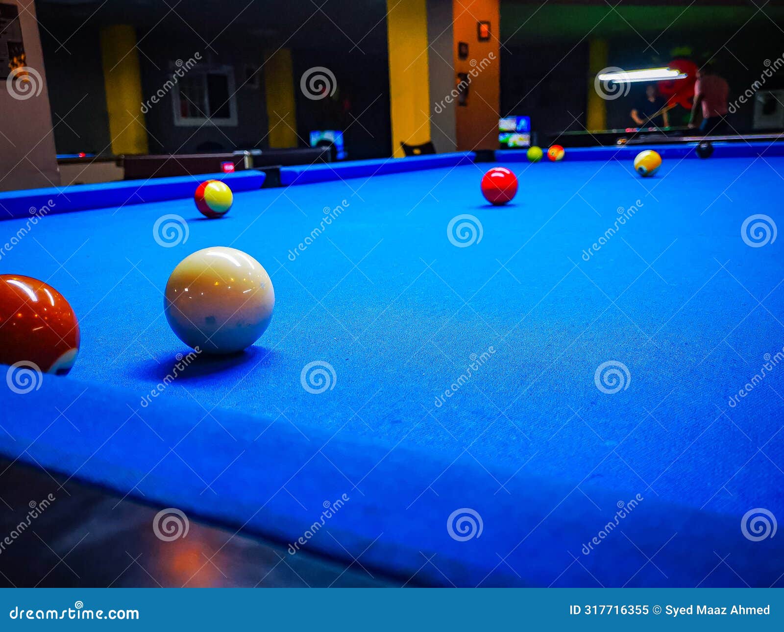 Pool Table with Background of a Club. Blue Table Stock Image - Image of ...