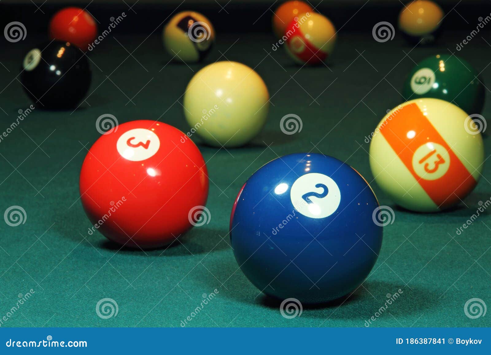 Pool table and balls stock image. Image of rack, stick - 186387841
