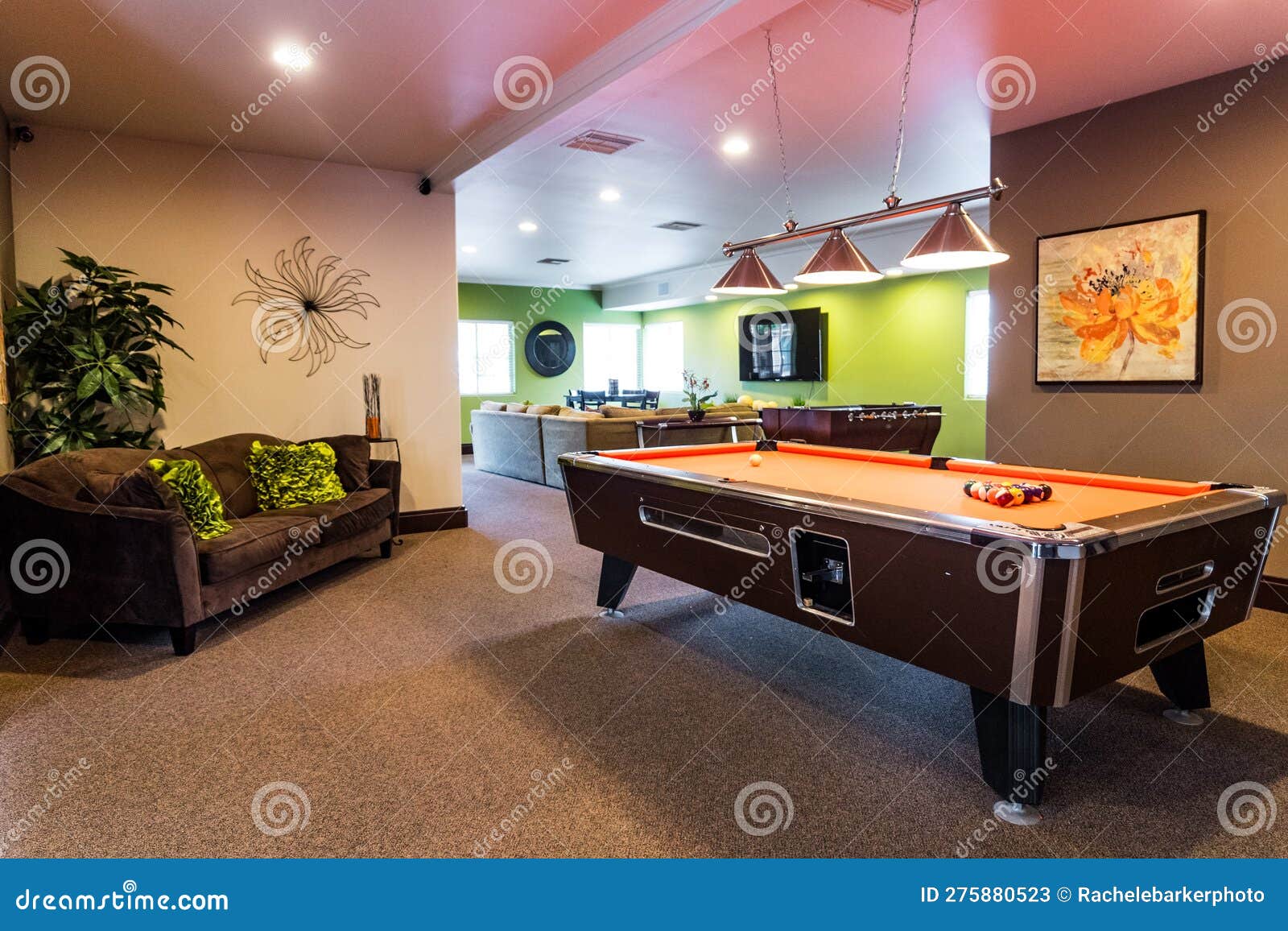 Pool Table in Community Clubhouse Stock Image - Image of orange, ball ...