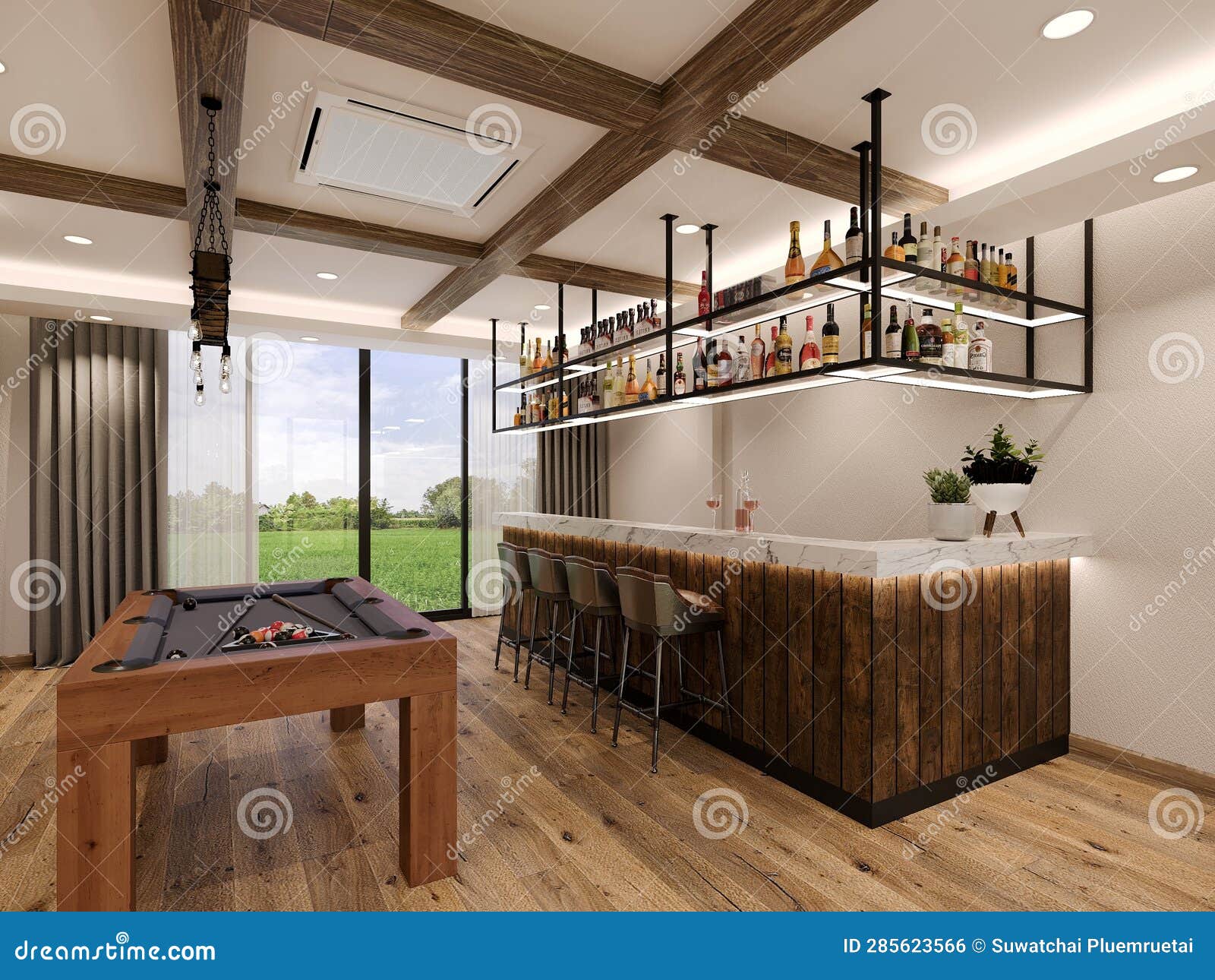 Pool Table with Counter Bar in Relax Room, 3d Stock Illustration ...