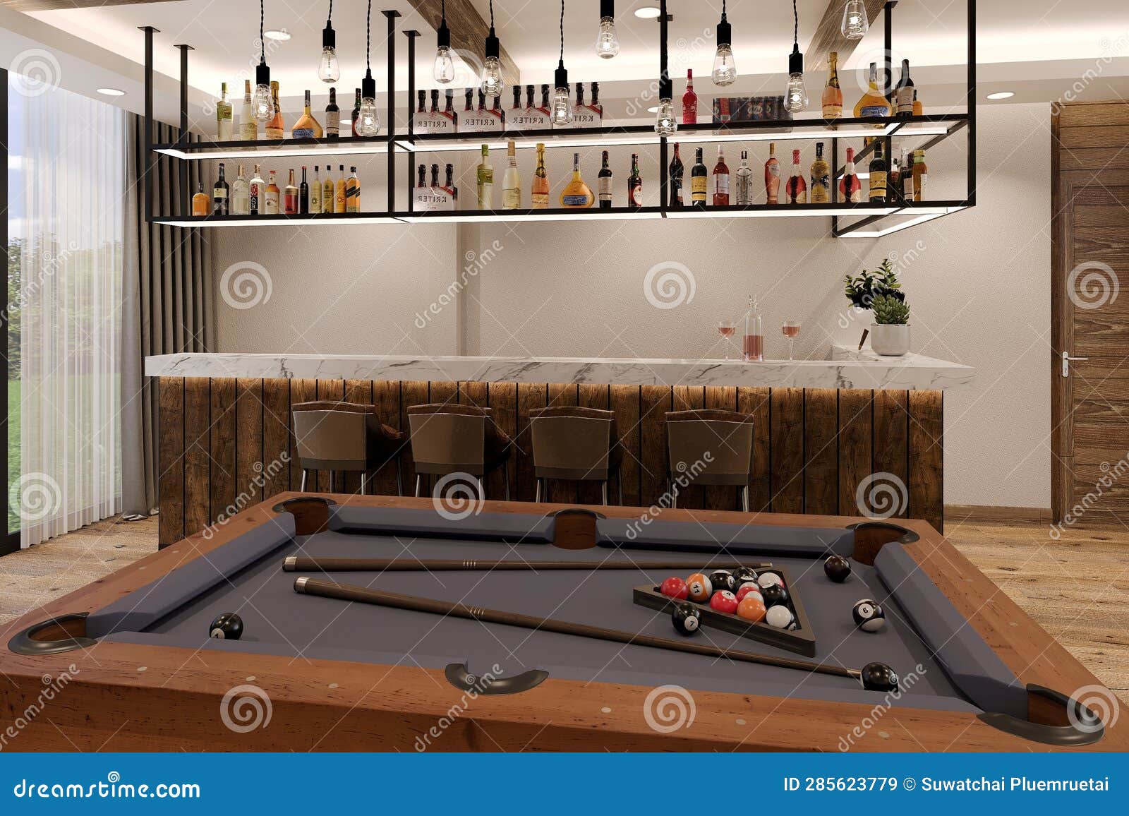 Pool Table with Counter Bar in Relax Room, 3d Rendering Stock ...