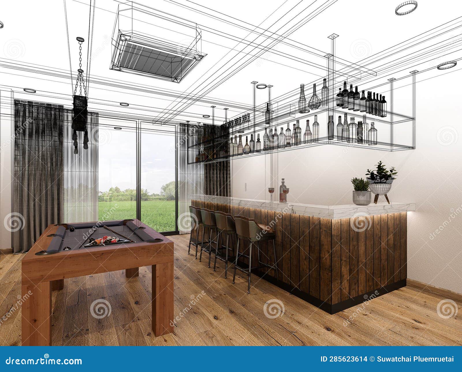 Pool Table with Counter Bar in Relax Room, 3d Rendering Stock ...