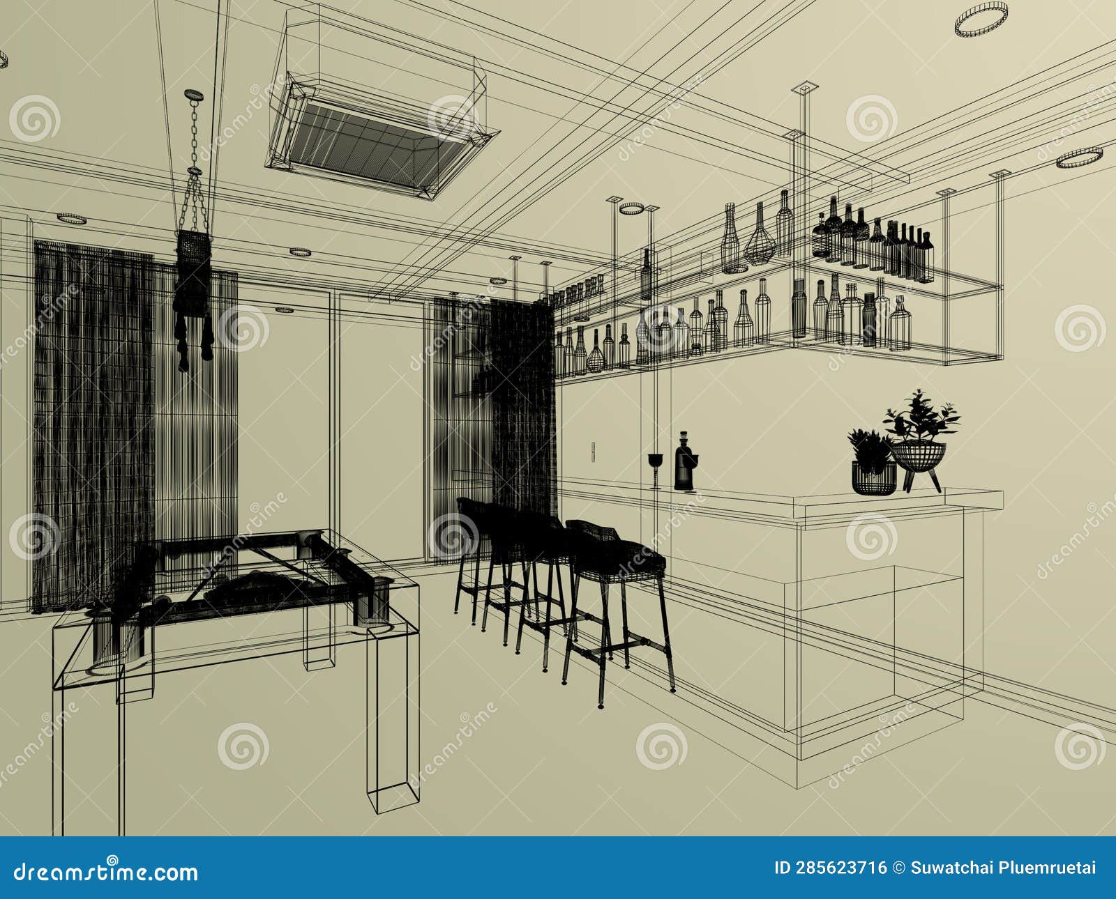 Pool Table with Counter Bar in Relax Room, 3d Rendering Stock ...