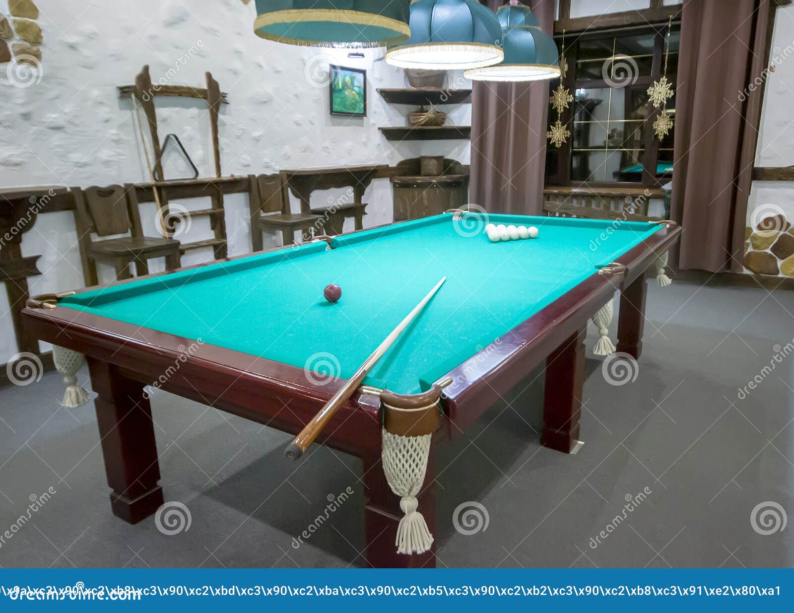A Pool Table . Cue and Balls Lies on the Table Stock Photo - Image of ...