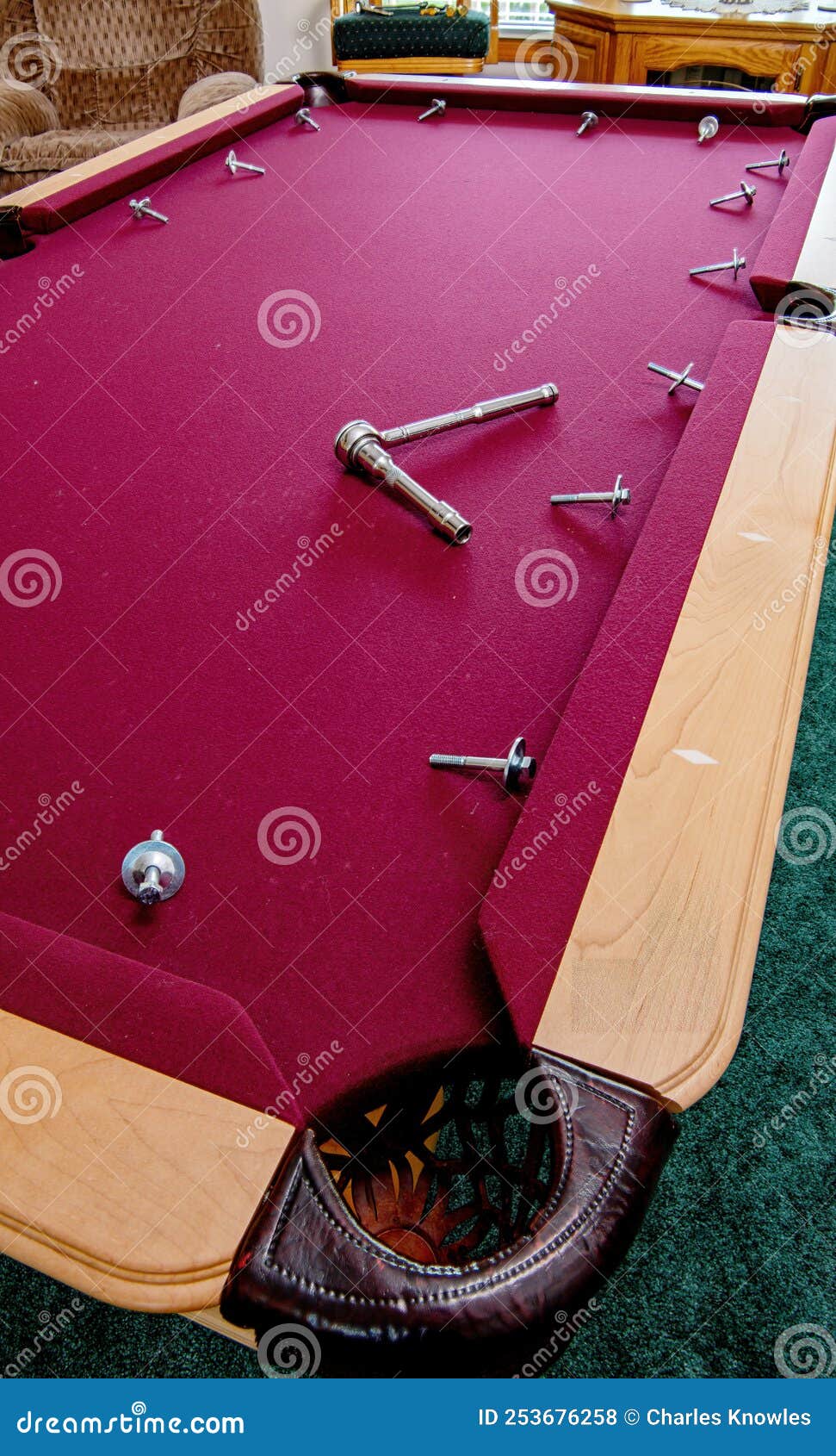 Pool Table Disassembly with Tools and Bolts on Top Stock Photo - Image ...