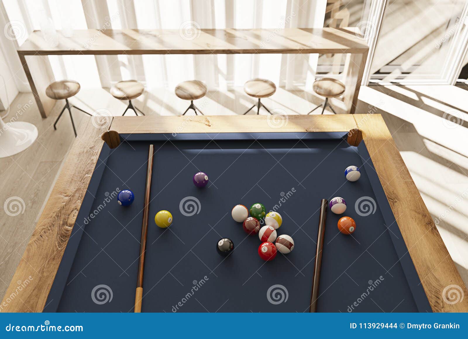 Pool Table in Minimalistic Interior with Sunset Rays 3D Render Stock ...