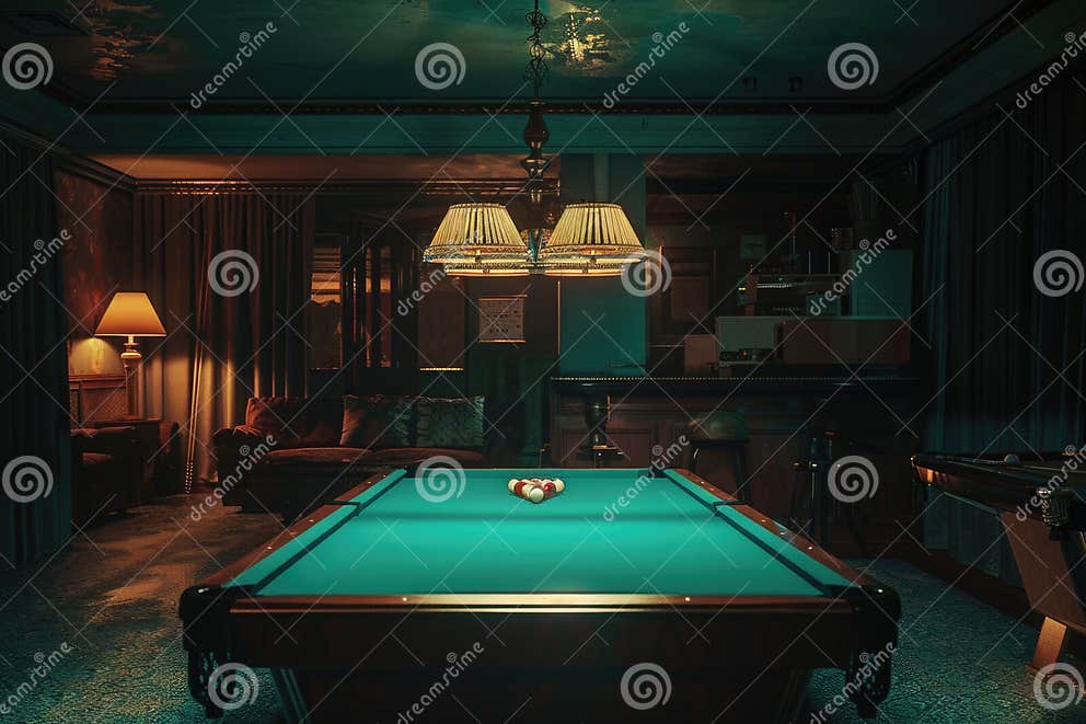 A Pool Table Set Up in a Dimly Lit Room, Ready for Game Night Stock ...