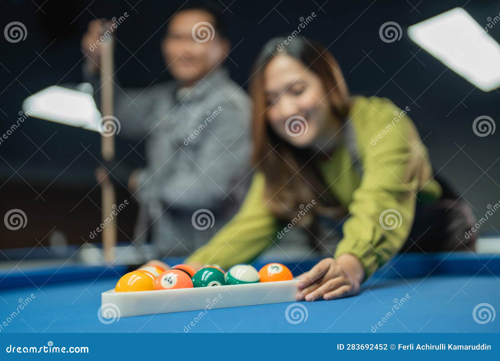 Pool Table Worker Helps Player Arranging the Balls with Triangle Rack ...