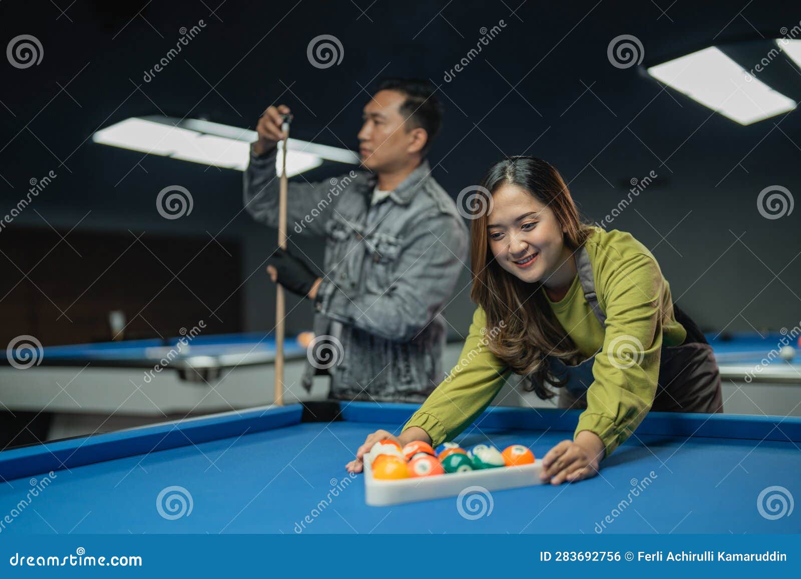 Pool Table Worker Helps Player Arranging the Balls with Triangle Rack ...