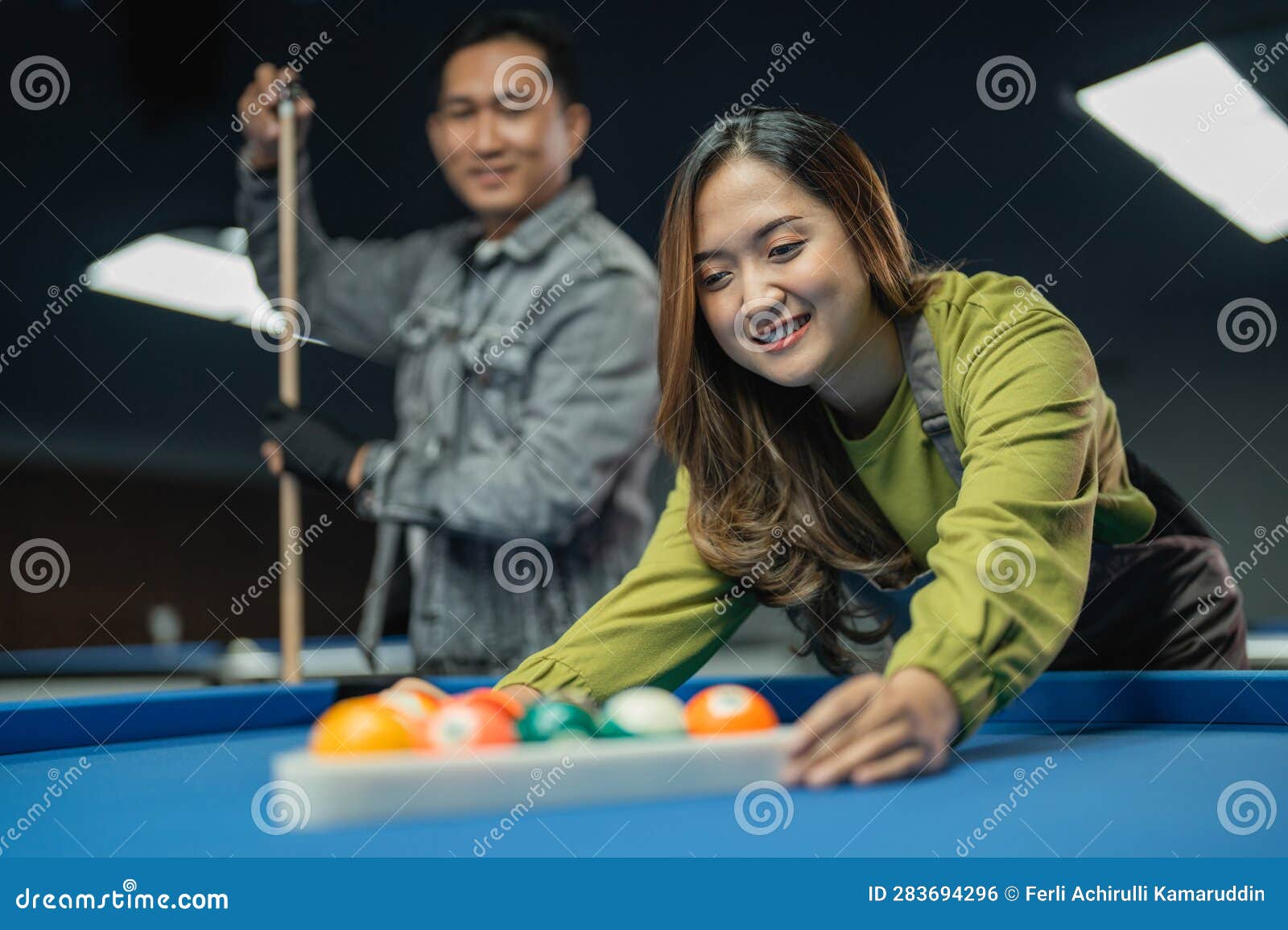 Pool Table Worker Helps Player Arranging the Balls with Triangle Rack ...