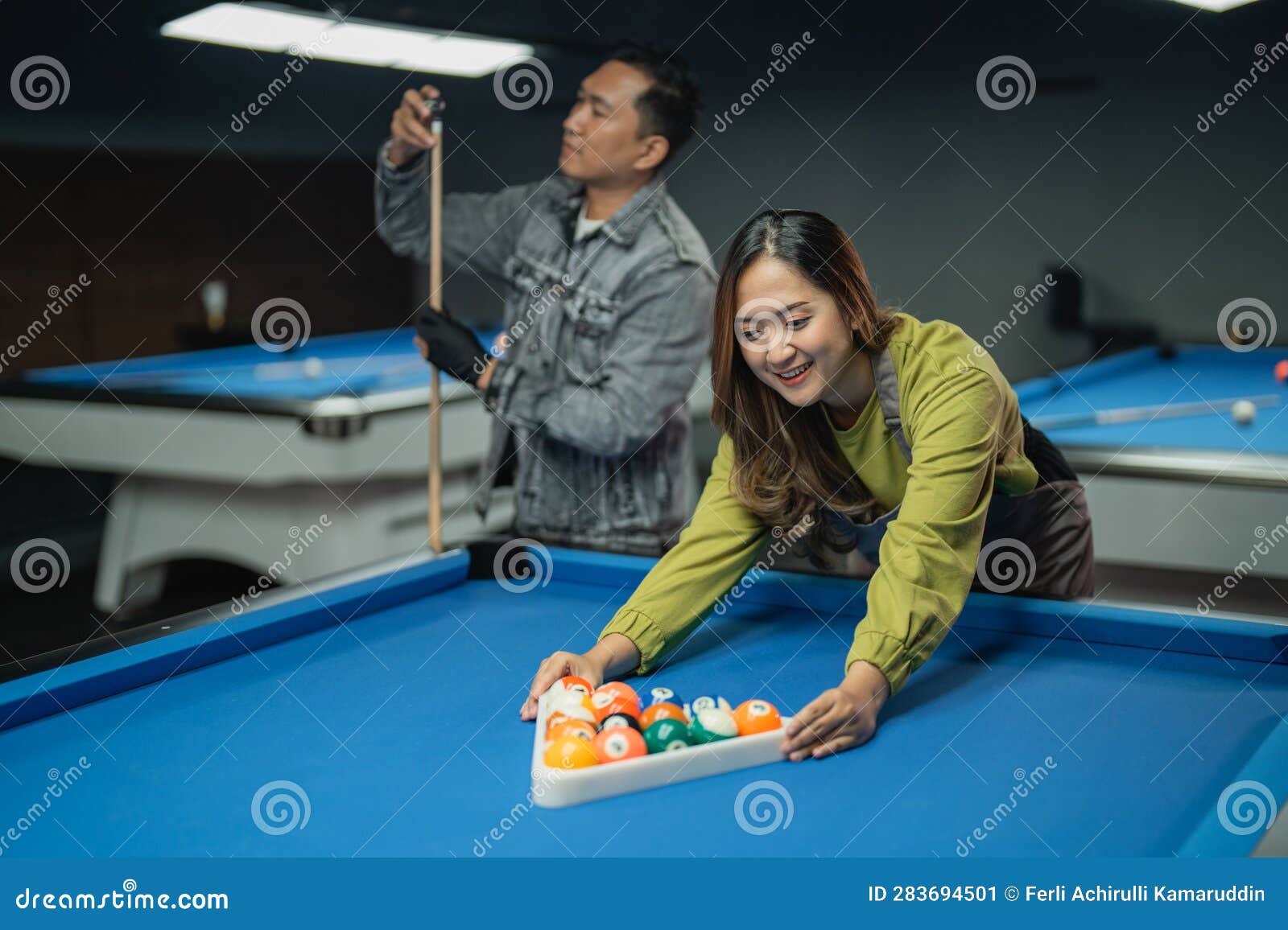Pool Table Worker Helps Player Arranging the Balls with Triangle Rack ...