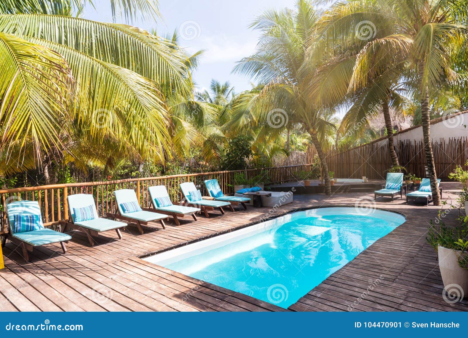 Pool and Teak Deck Under Palms Stock Image - Image of swimming, outdoor ...