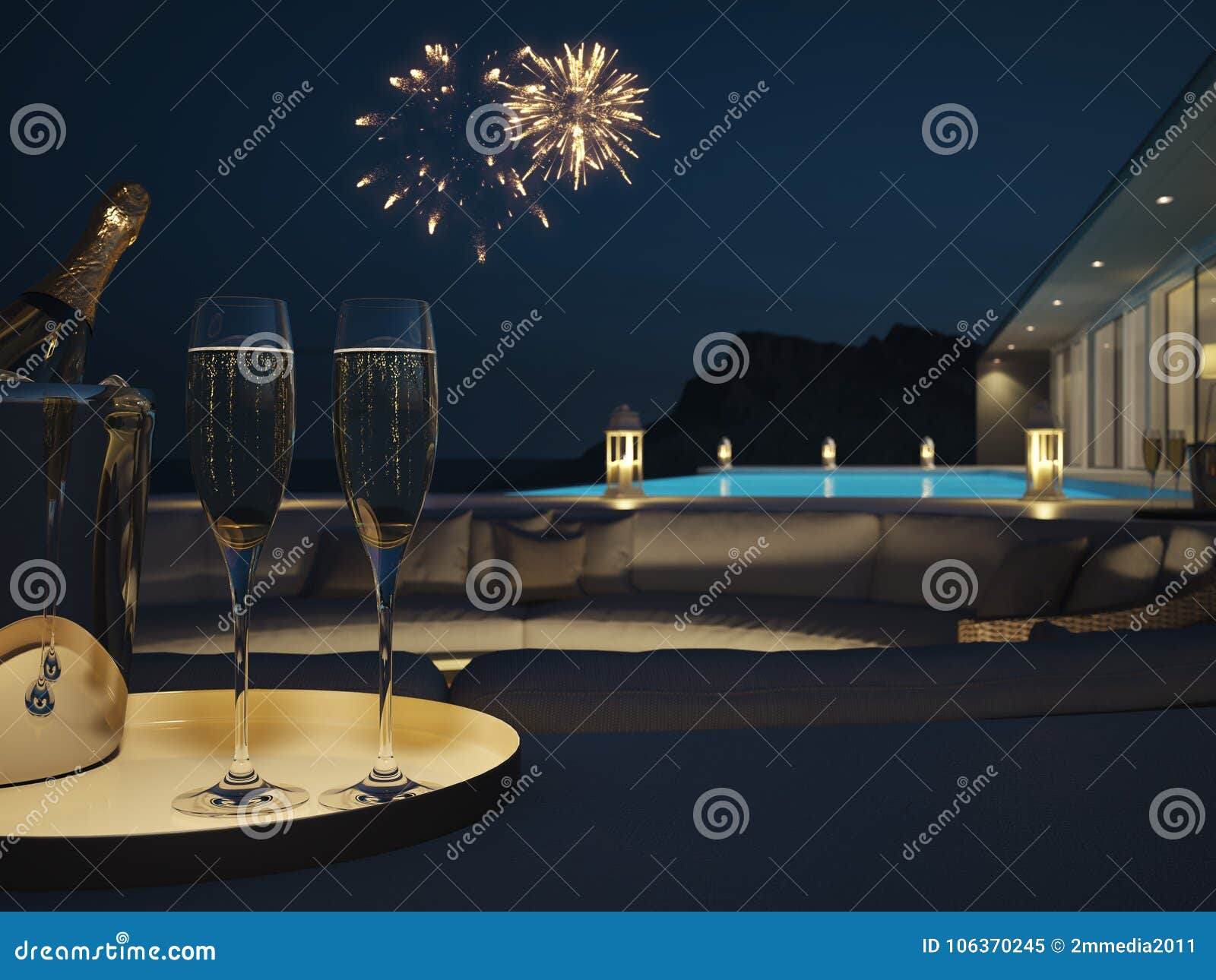 3d Rendering of Pool Villa with Fireworks and Champagne. New Years Eve ...