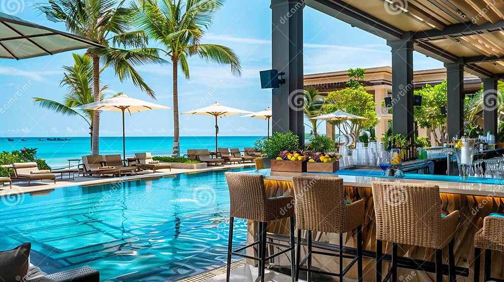 Poolside Bar Serving Drinks with Elegant Seating by the Ocean Stock ...