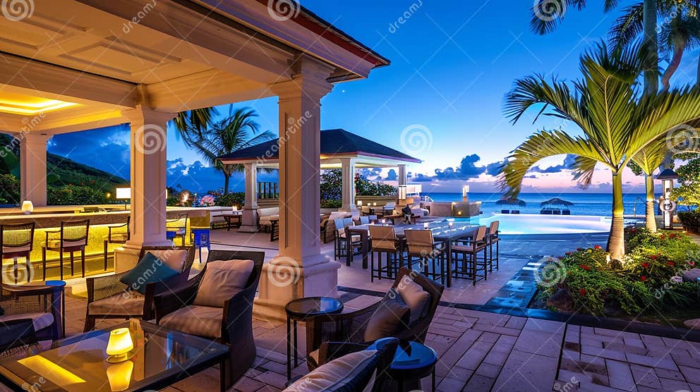 Poolside Bar Serving Drinks with Elegant Seating and Ocean Breeze Stock ...