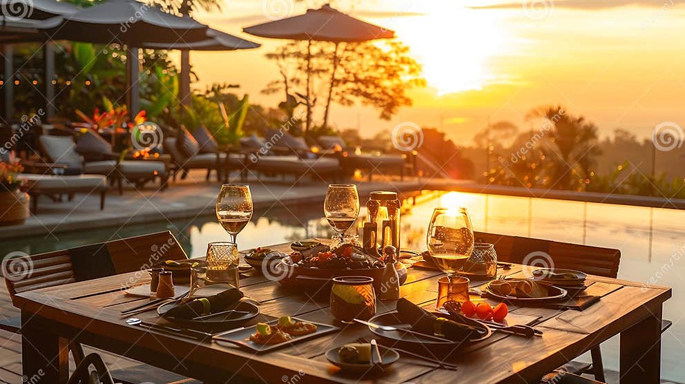 Poolside Dining Features Gourmet Food with Sunset View Stock ...