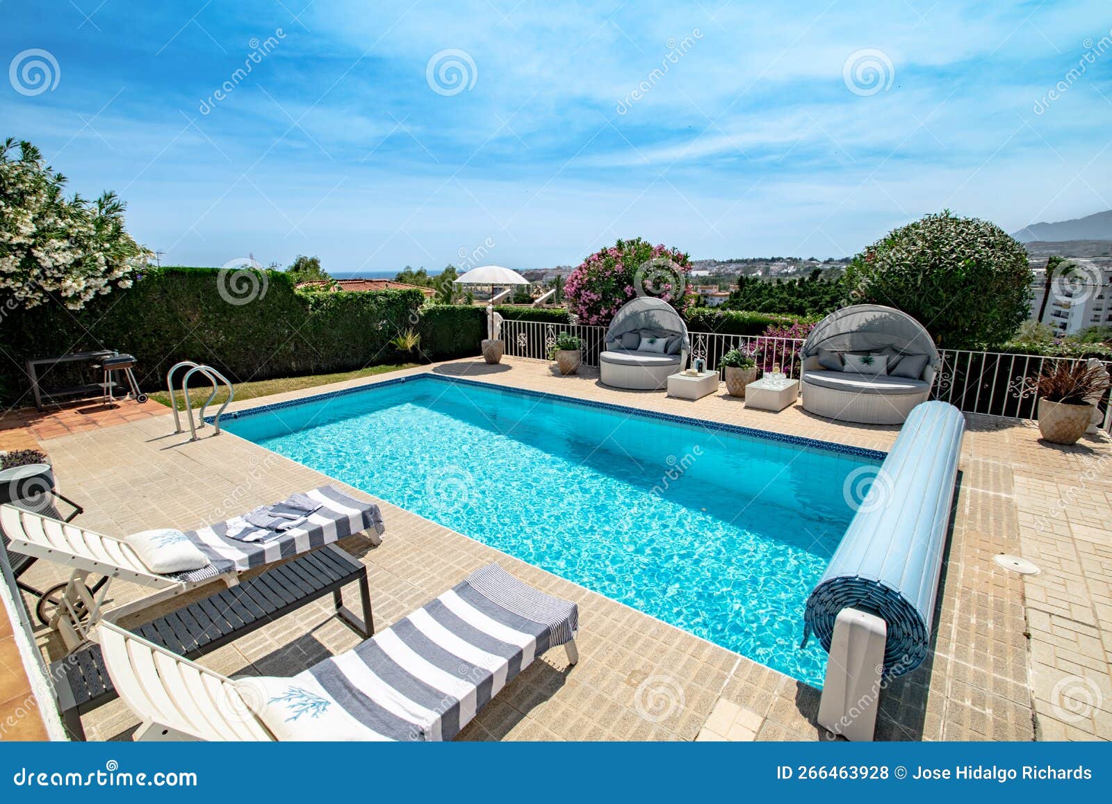 Poolside with Mediterranean Views Stock Photo - Image of inside ...