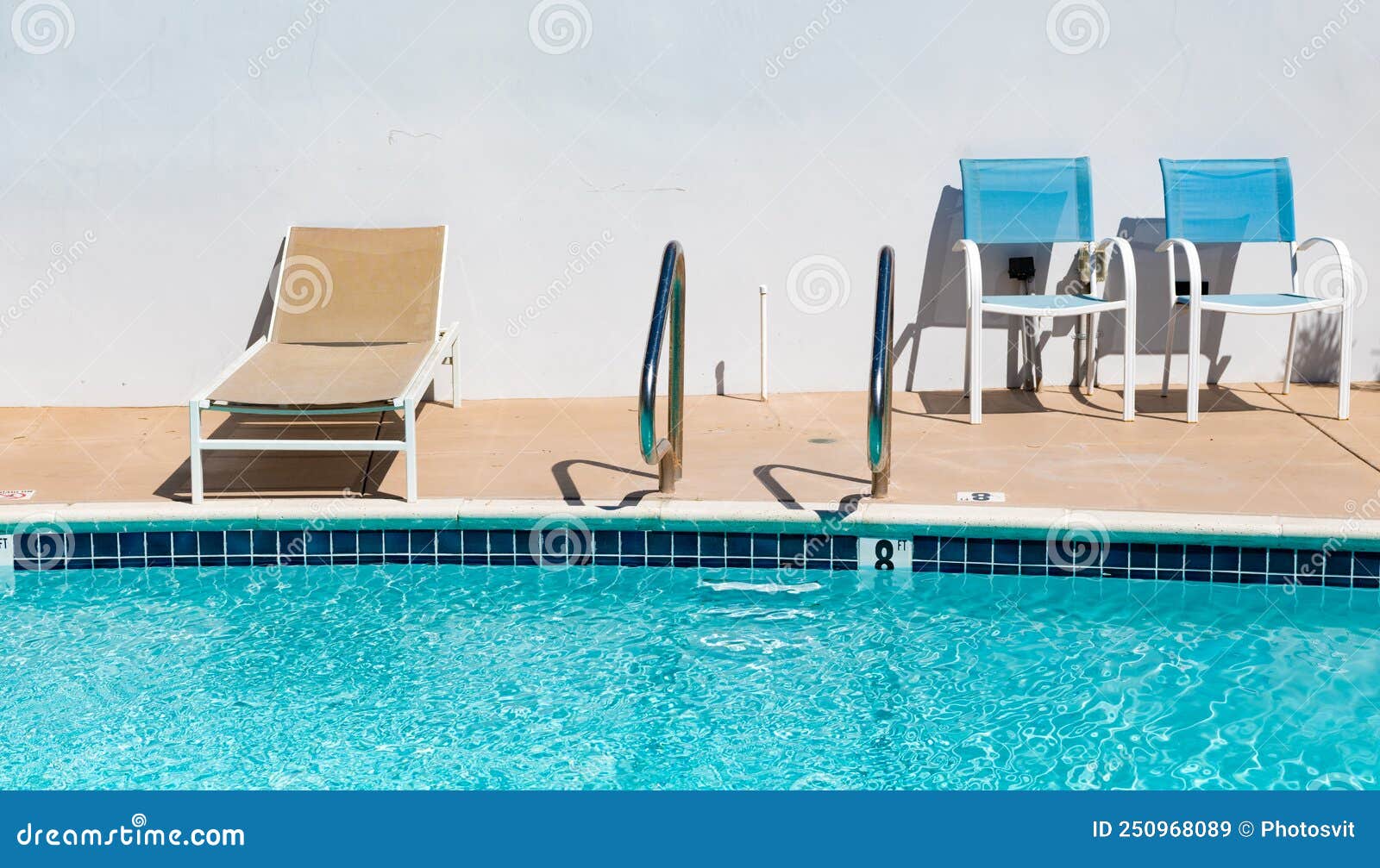Poolside with Sunbed at Blue Pool Water in Summer Stock Image - Image ...
