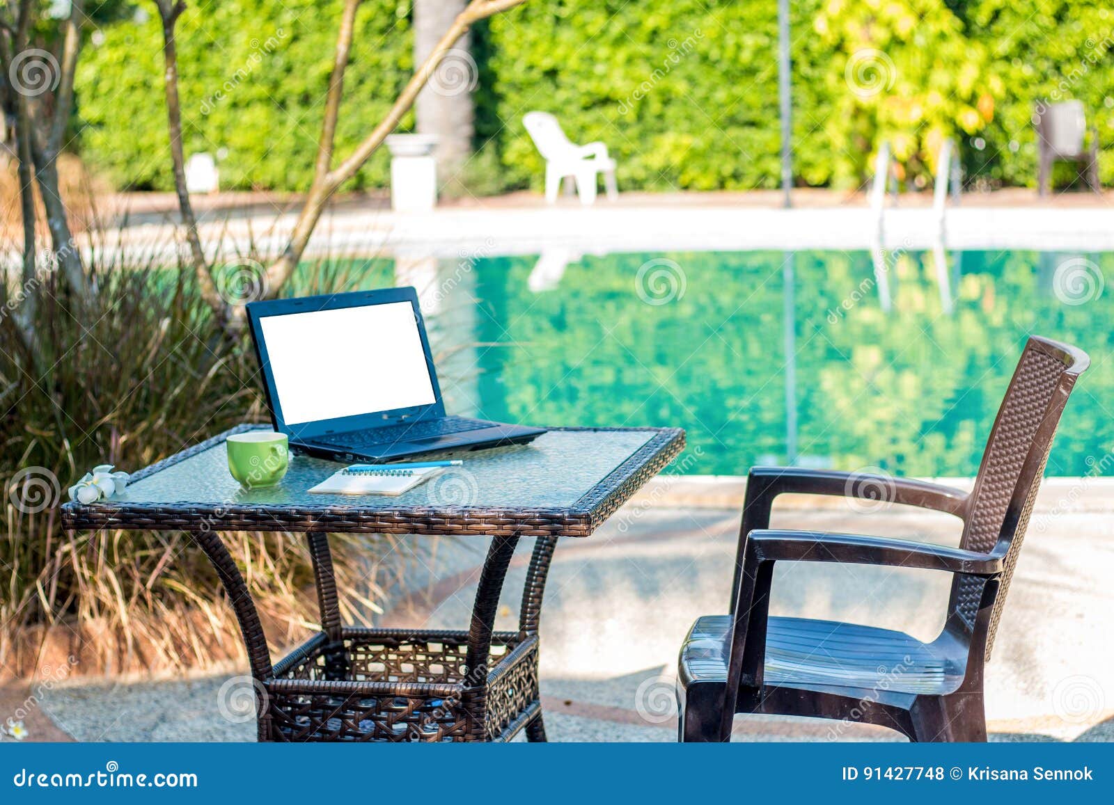 A Poolside Work Desk with a Table Stock Photo - Image of furniture ...