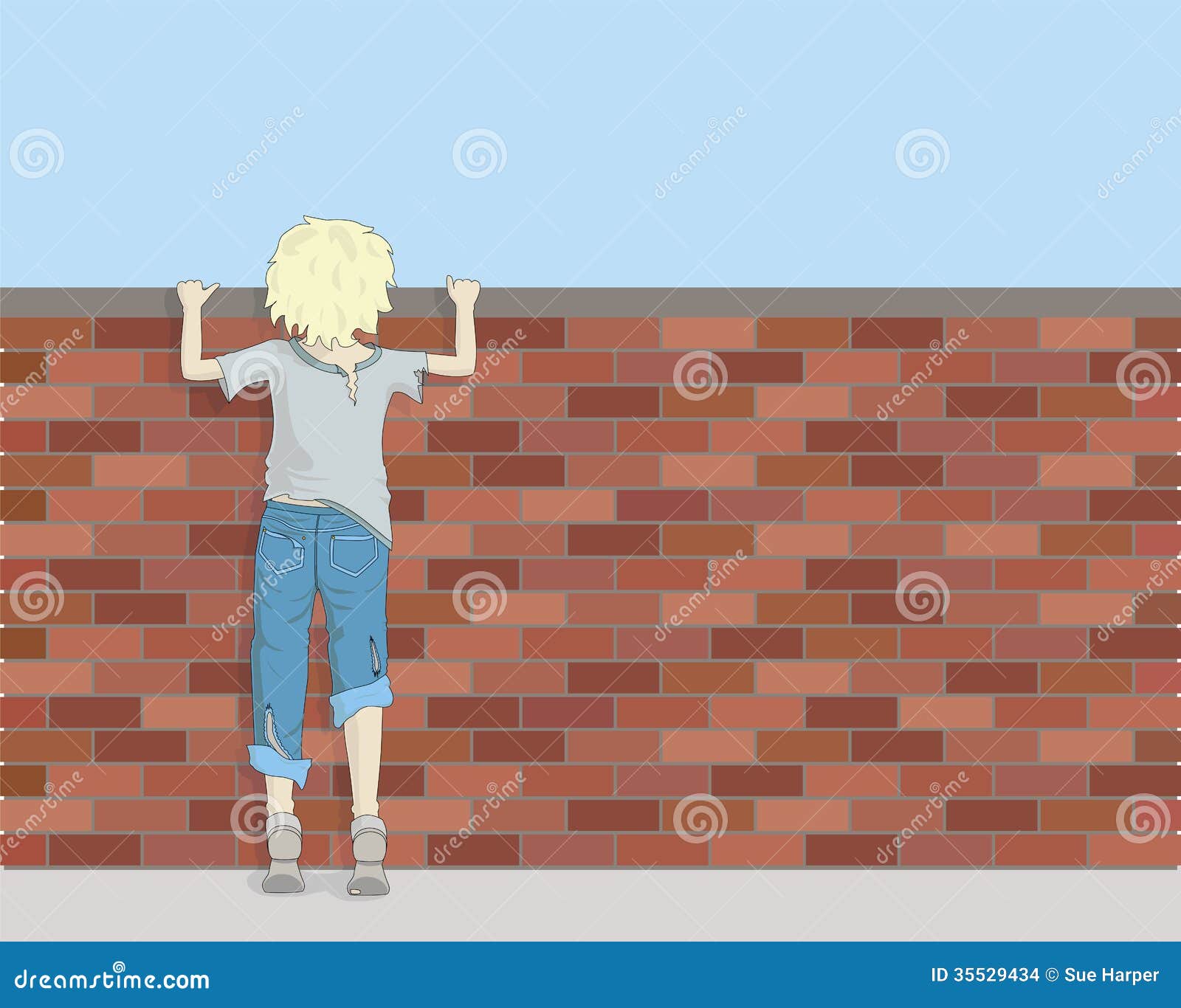 Poor Boy Looking Over Brick Wall Stock Illustration - Illustration of ...