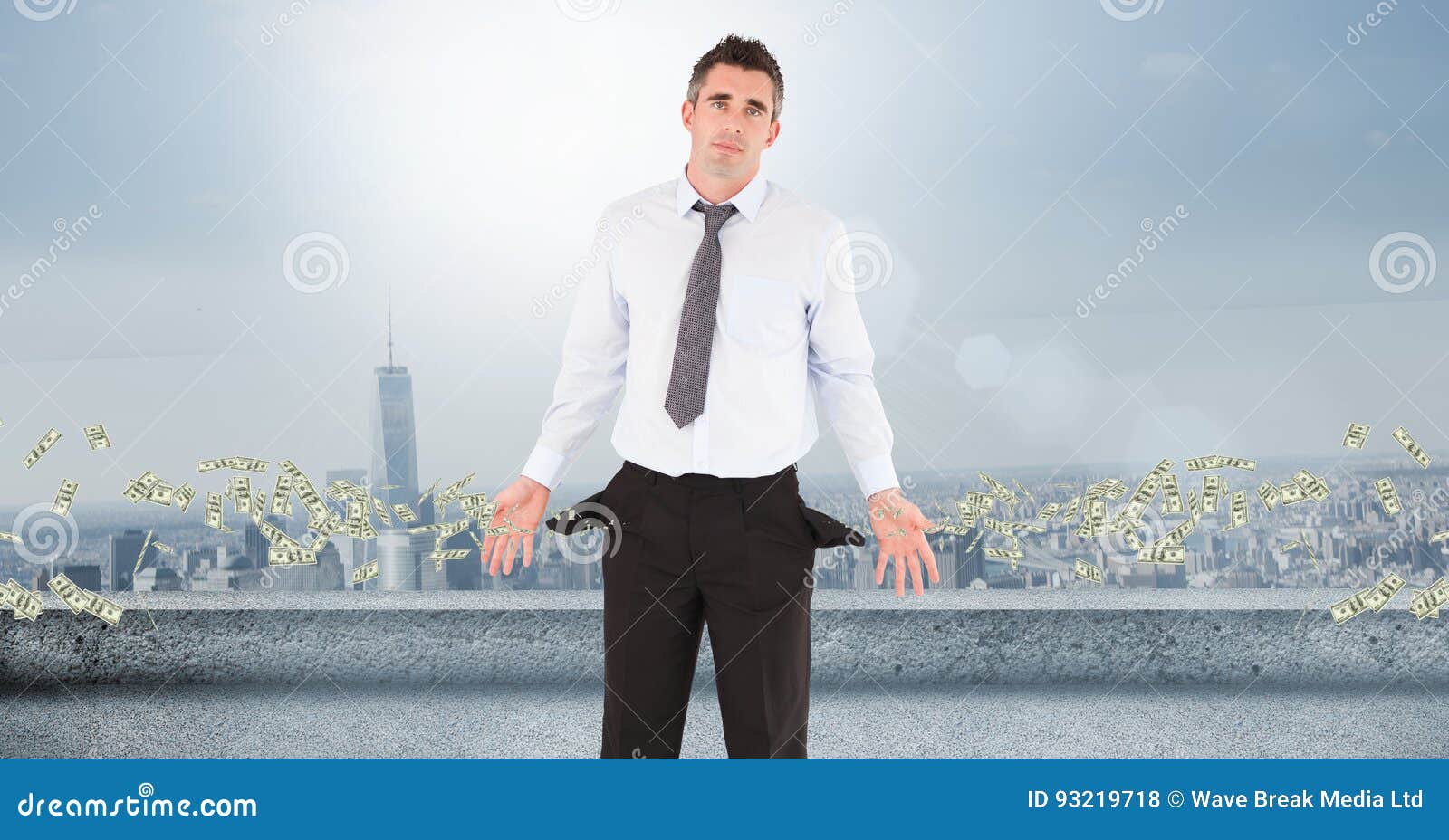 Poor Businessman with Flying Money Stock Photo - Image of computer ...