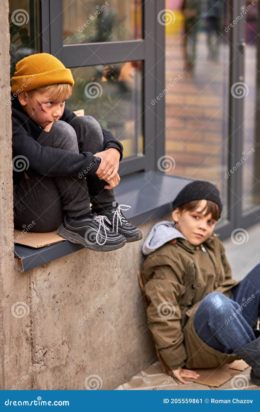 Poor Child Boy with Friend Sit Alone, Begging Stock Image - Image of ...