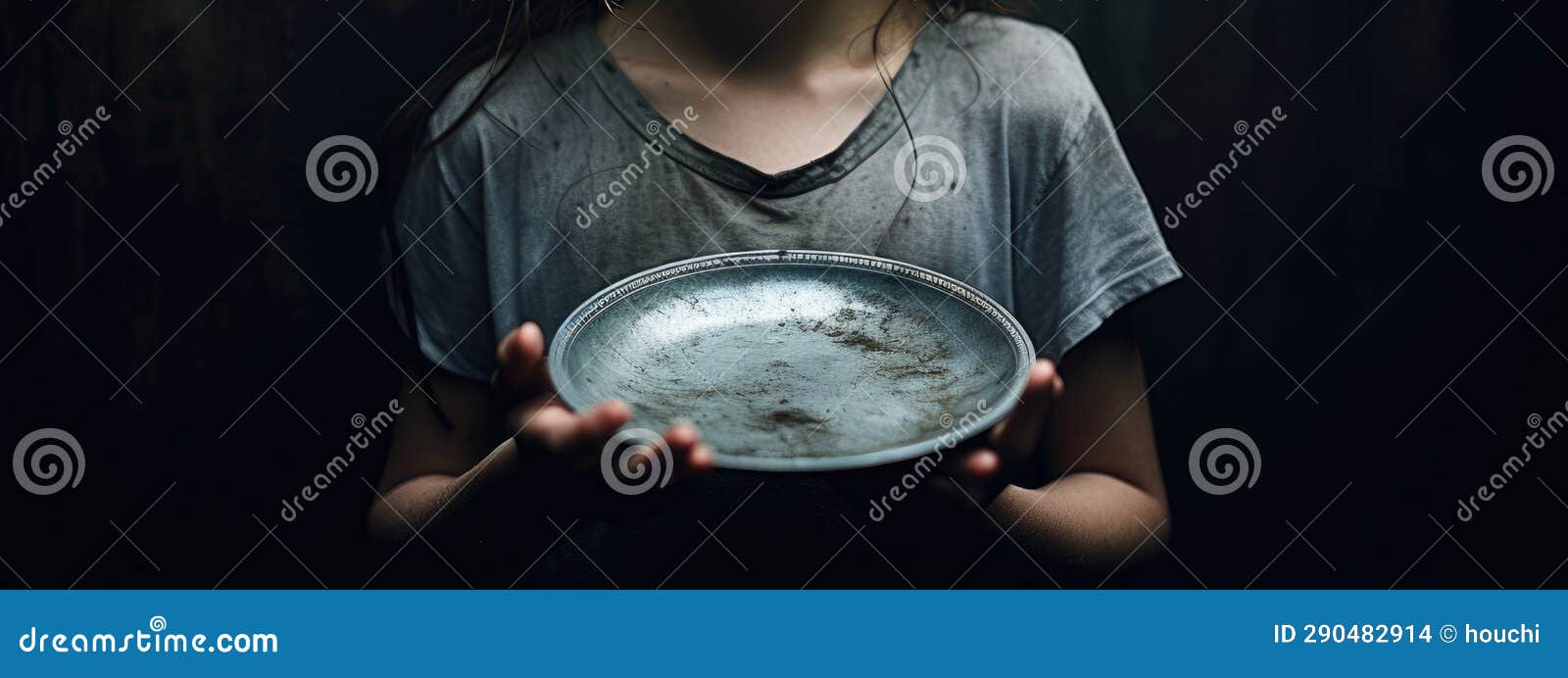 A Poor Child Holding a Empty Plate. Dark Background. Poverty. Help ...