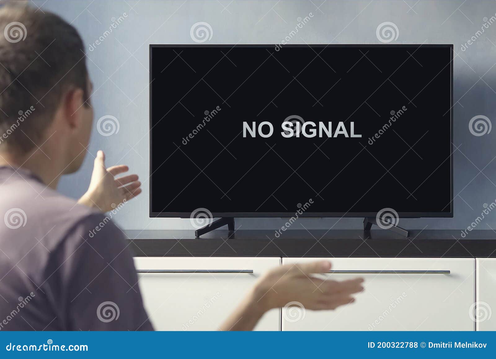 Poor Digital TV Signal. No Signal Inscription on the TV Screen. the Guy ...