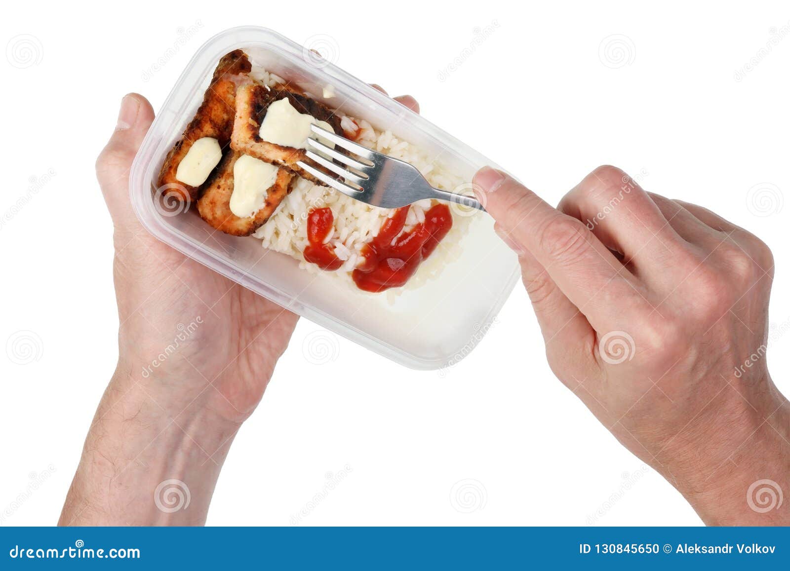 Poor Elderly Man Eating Fried Fish with Rice from a Plastic Cont Stock ...