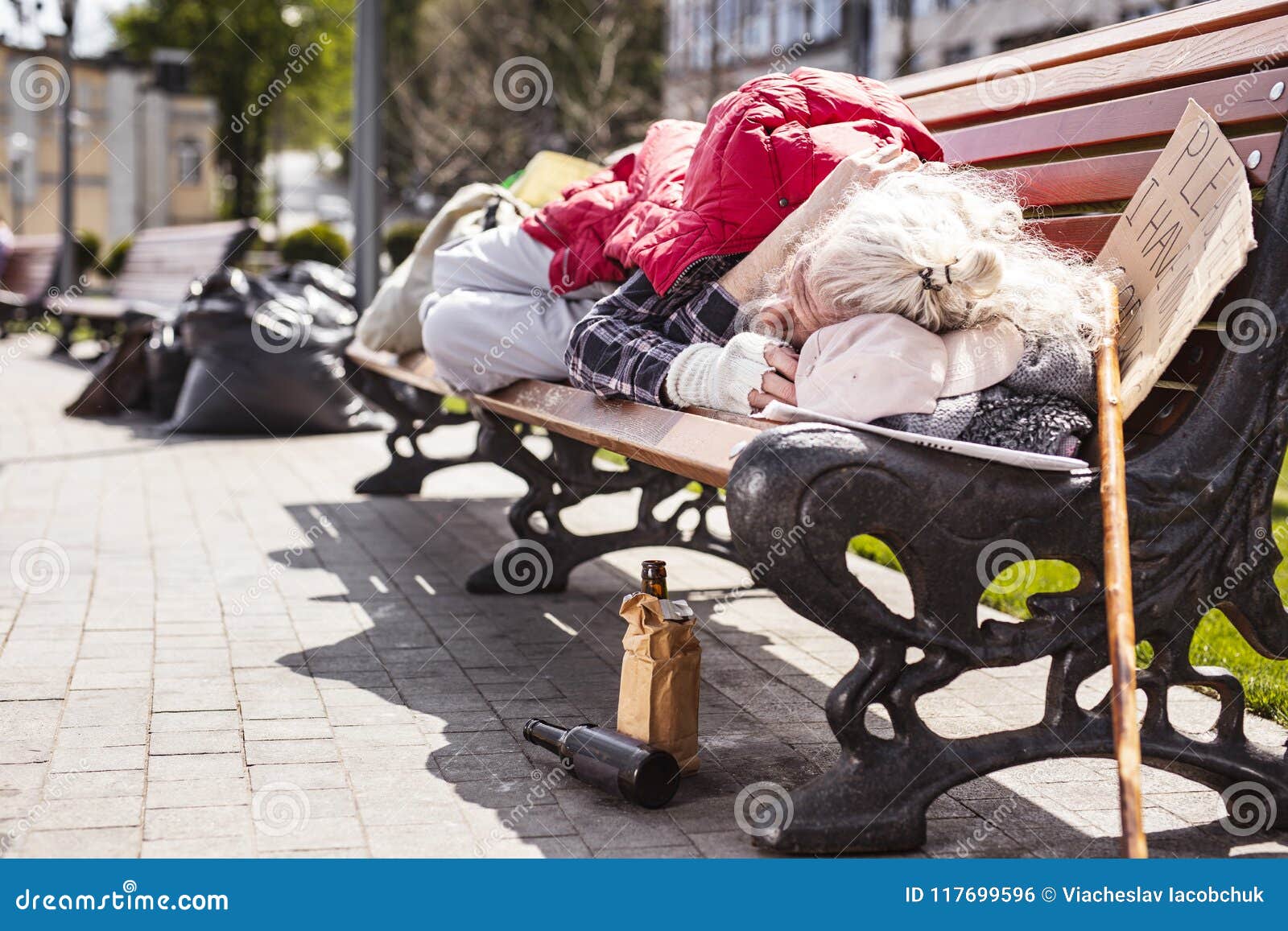 Poor Elderly Man Living on the Bench Stock Photo - Image of beggar ...