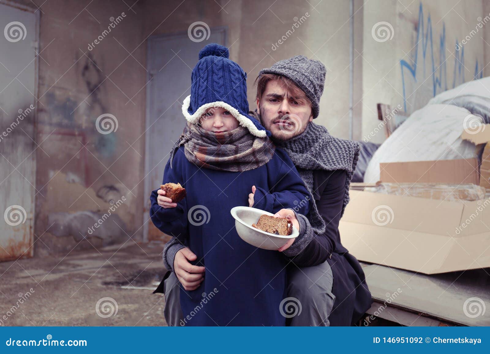 Poor Father and Child with Bread Stock Photo - Image of background ...