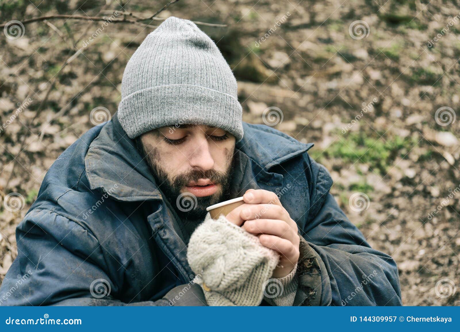 Poor Homeless Man with Cup in Park Stock Image - Image of charity ...