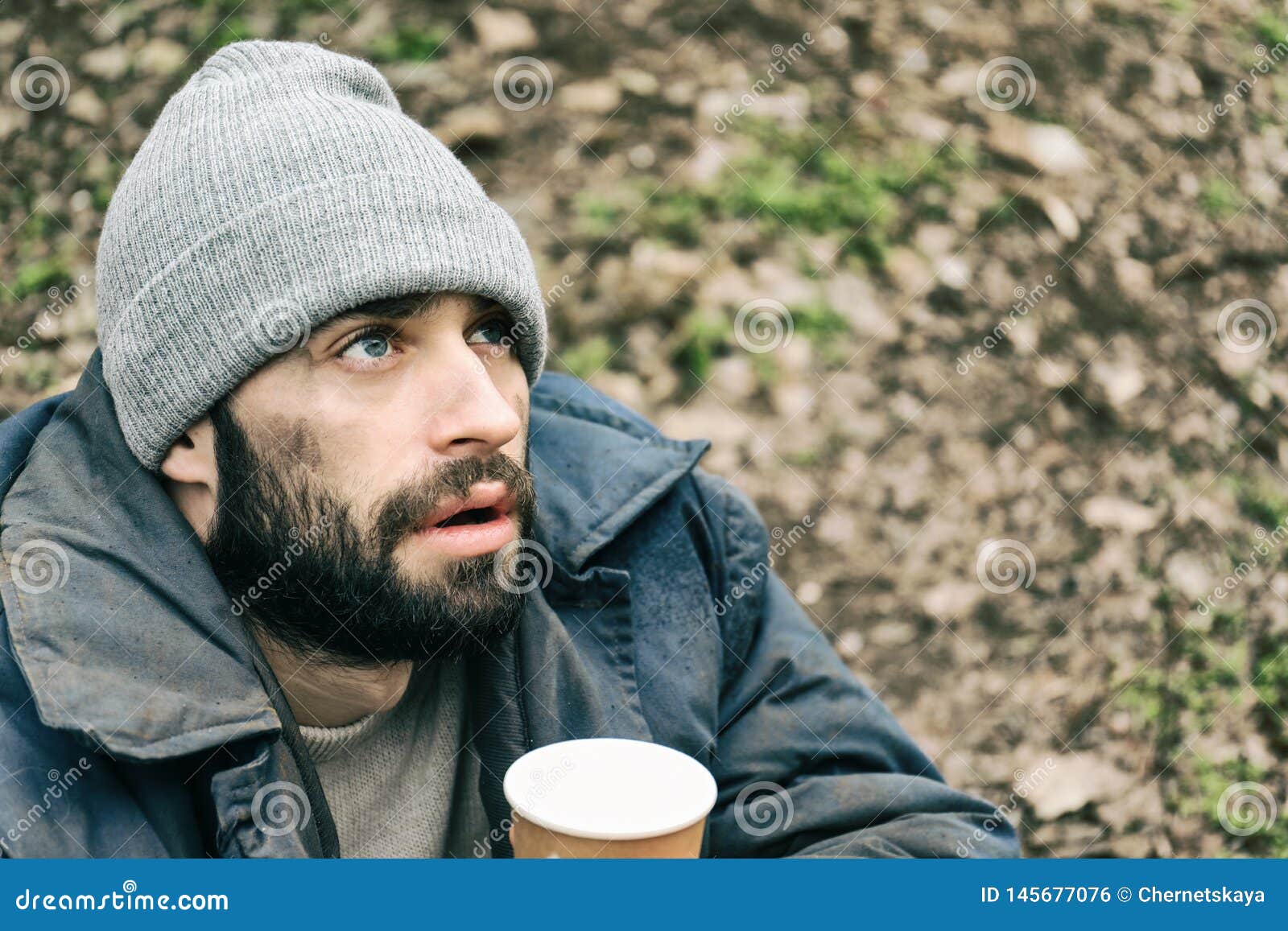 Poor Homeless Man with Cup in Park Stock Photo - Image of background ...