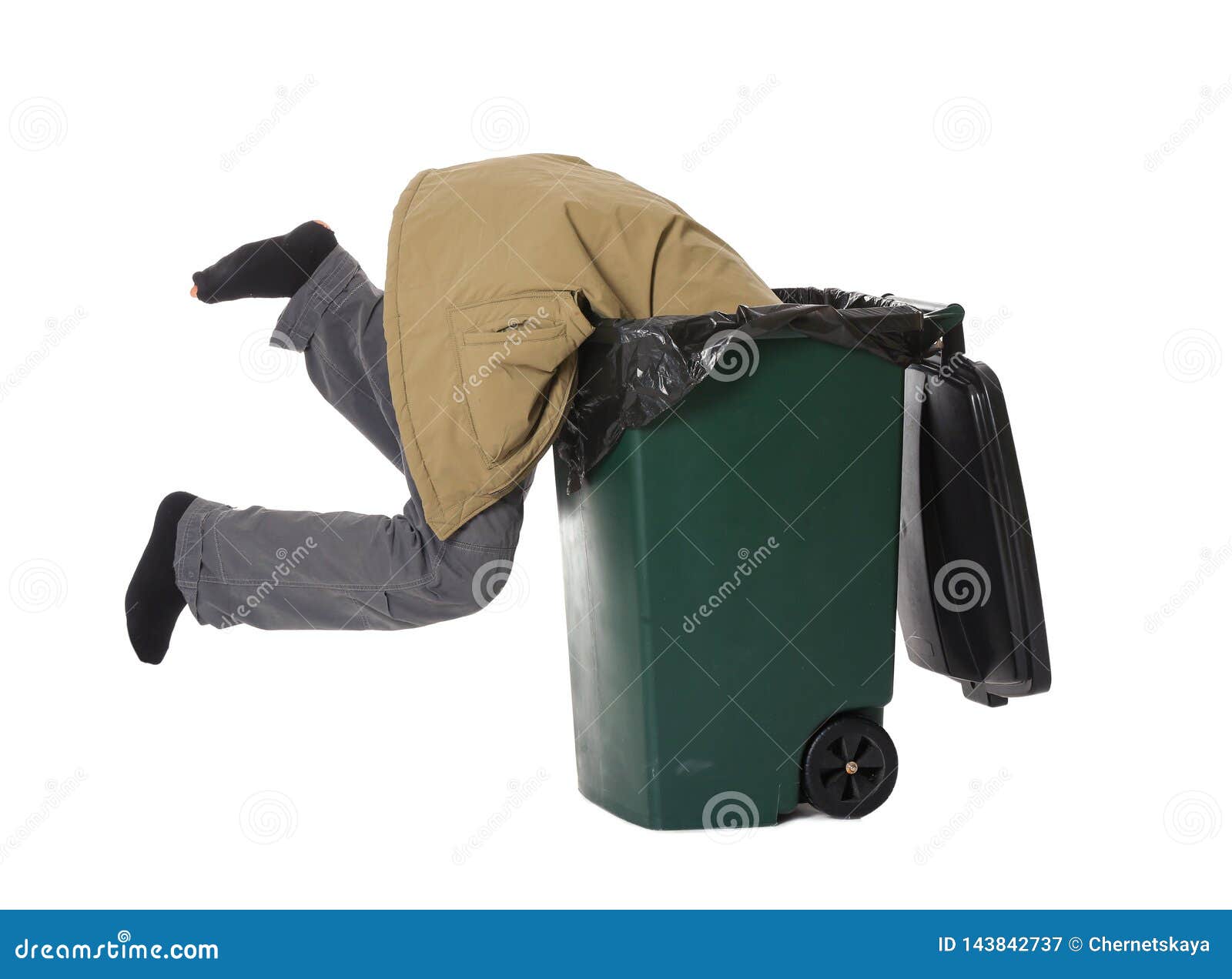Poor Homeless Man Digging in Trash Bin Isolated Stock Image - Image of ...