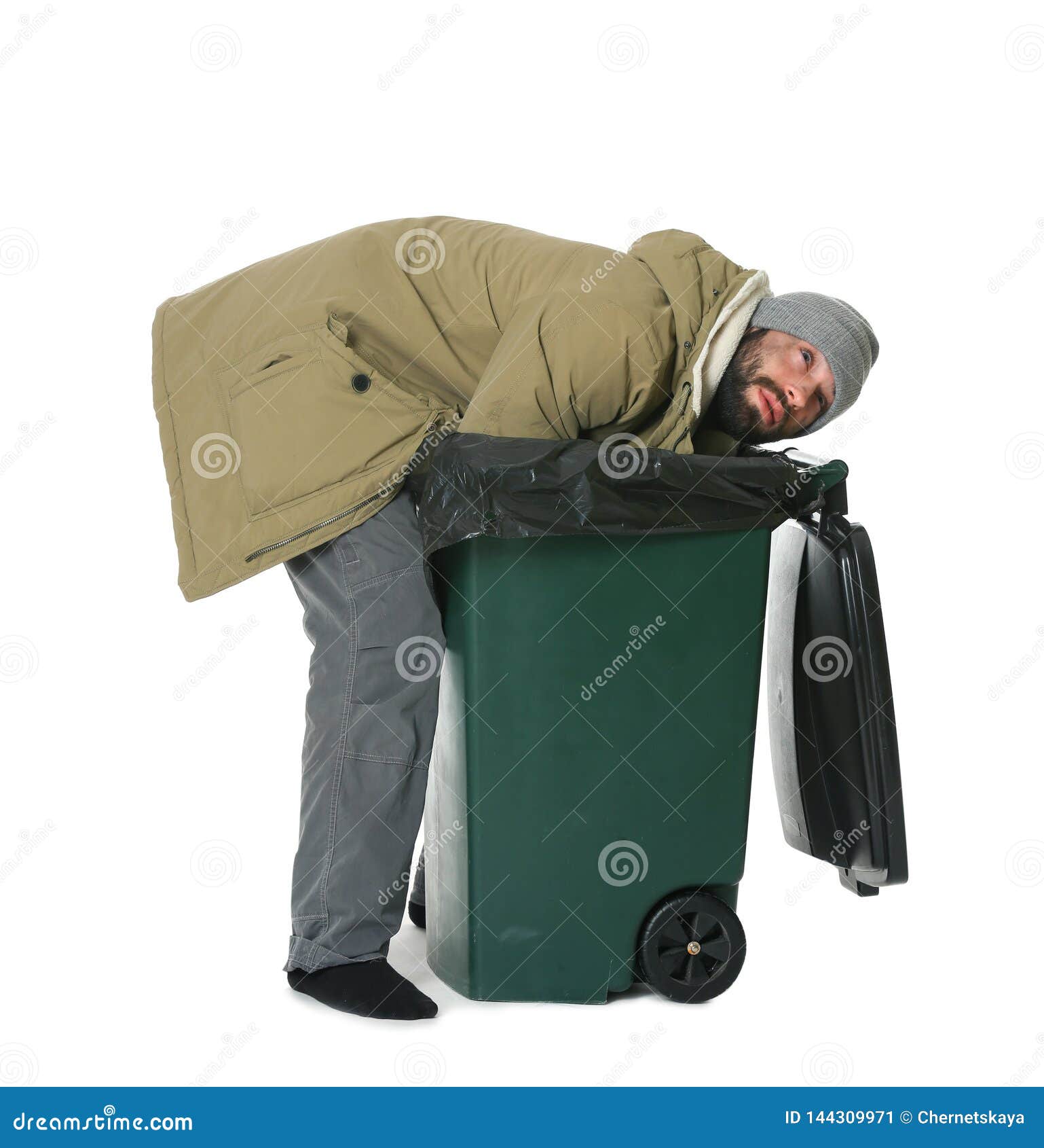 Poor Homeless Man Digging in Trash Bin Isolated Stock Image - Image of ...