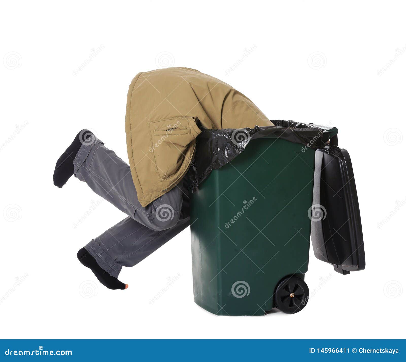 Poor Homeless Man Digging in Trash Bin Isolated Stock Image - Image of ...
