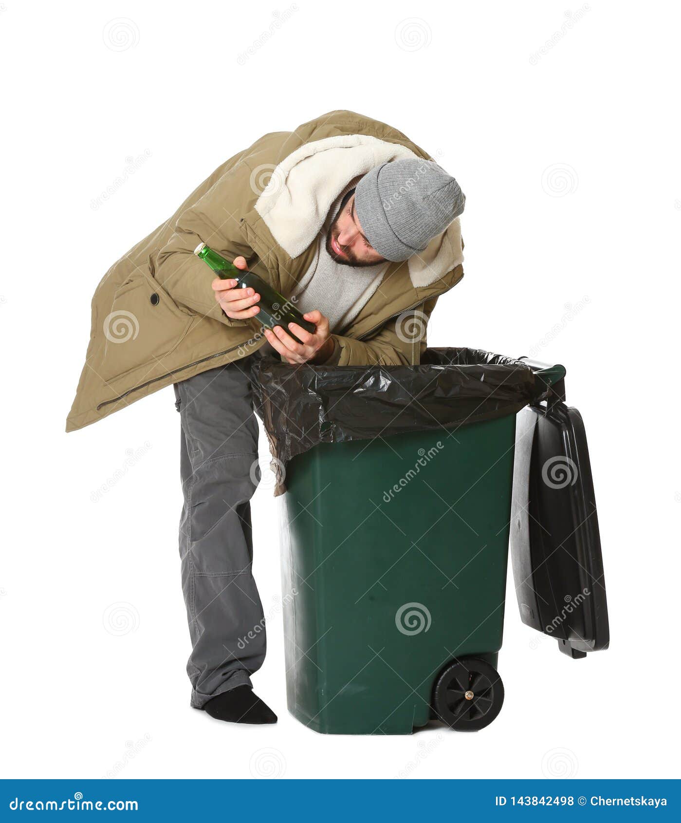 Homeless Man Digging in Trash Bin Isolated on White Stock Photo - Image ...