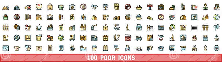 100 Poor Icons Set, Color Line Style Stock Vector - Illustration of ...