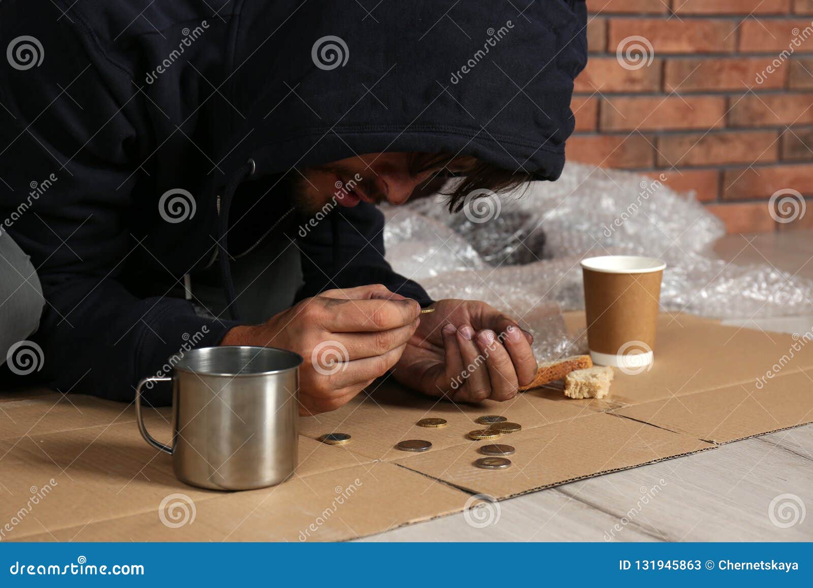 Poor Man Counting Coins on Floor Stock Image - Image of failure, coins ...