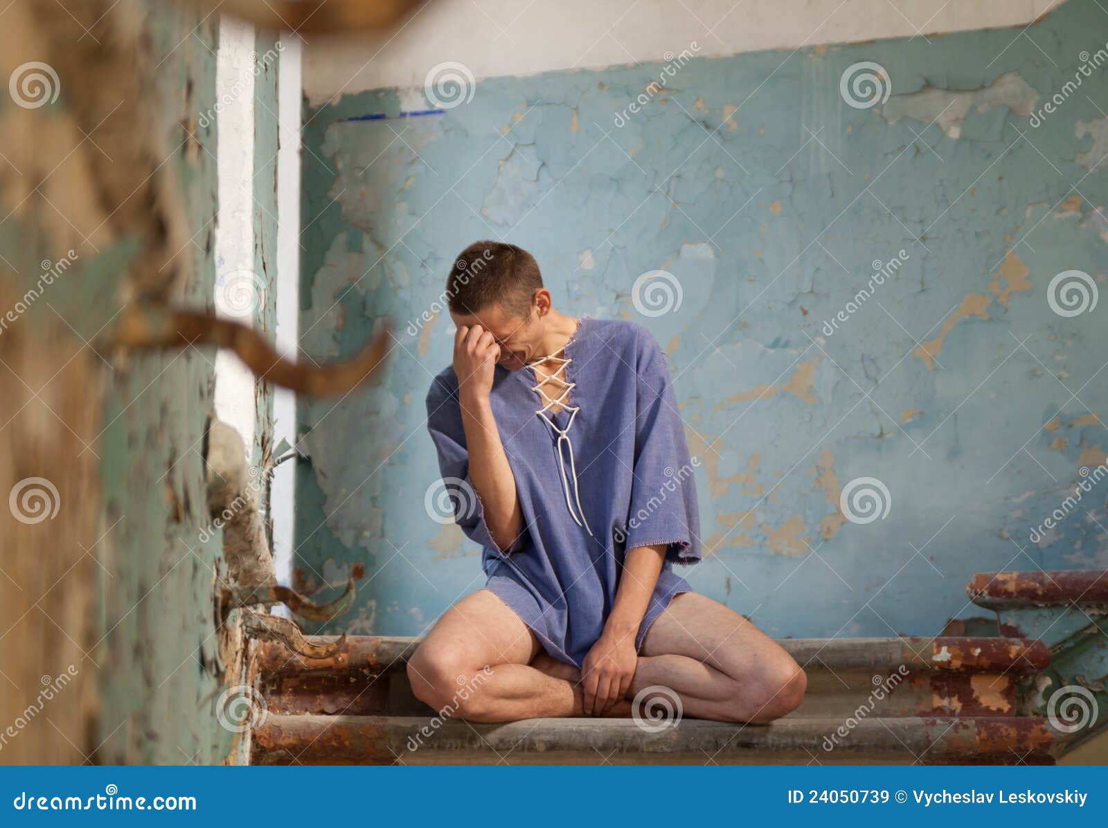 Man Crying on Ruined Staircase Stock Image - Image of chipped ...