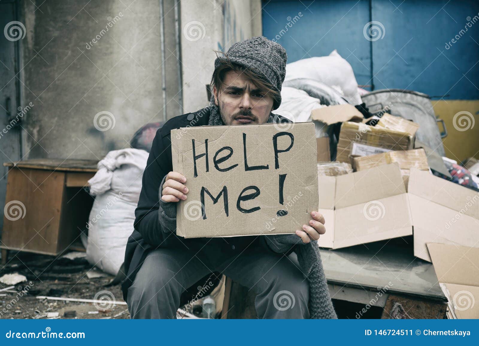 Poor Man with HELP ME Sign at Dump Stock Image - Image of economy ...