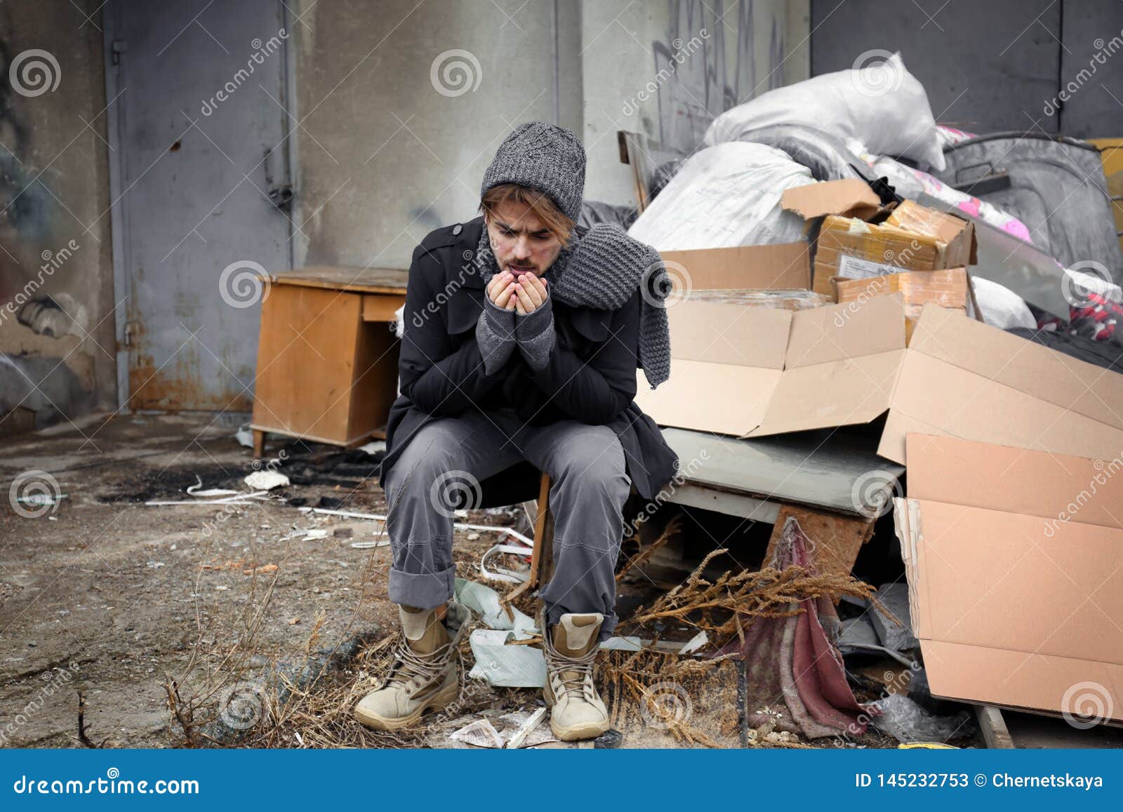 Poor Man Sitting Near Garbage at Dump Stock Image - Image of background ...